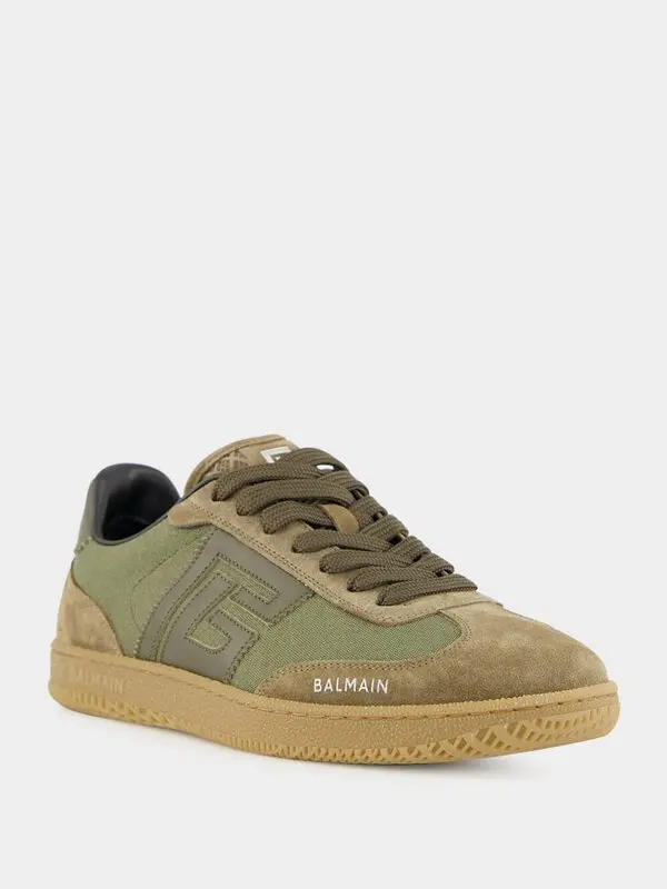 Balmain Swan Leather And Canvas Trainers - Green