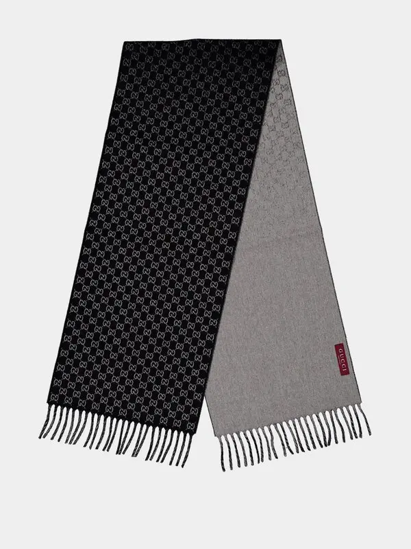 Gucci Black And Light Grey Gg Wool Cashmere Scarf - Multicolour