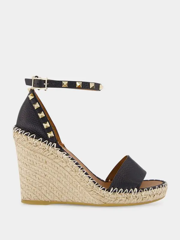 Valentino Garavani Calf Leather Wedge Espadrille Sandals - Black