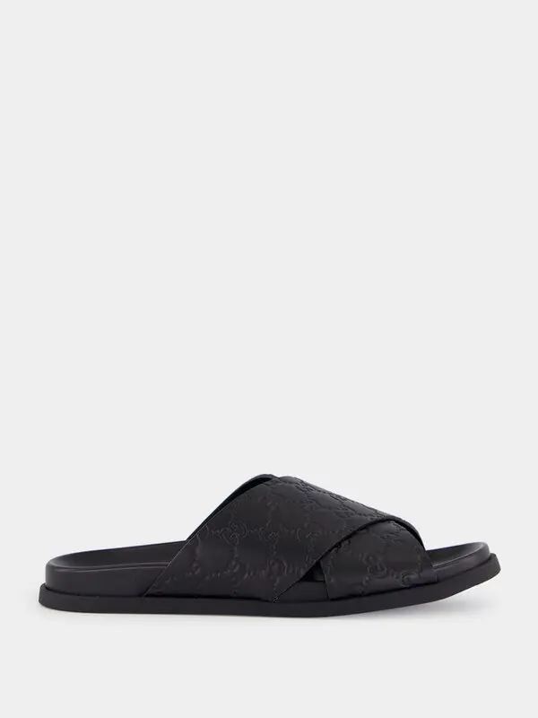 Gucci Gg Embossed Leather Slides - Black