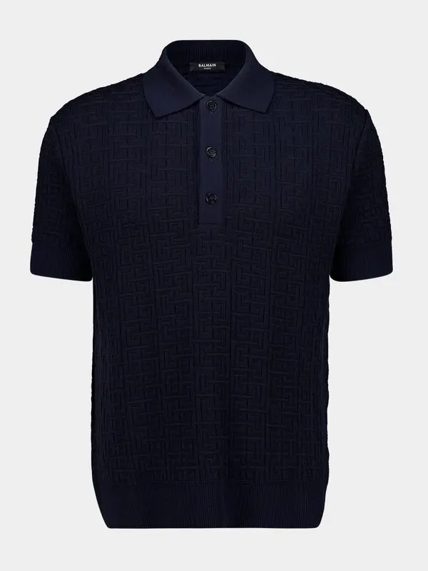 Balmain Marine Monogram Knit Polo Shirt - Blue