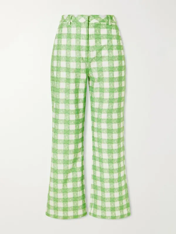 Rosie Assoulin Easy Does It Checked Cotton Straight-leg Pants - Green