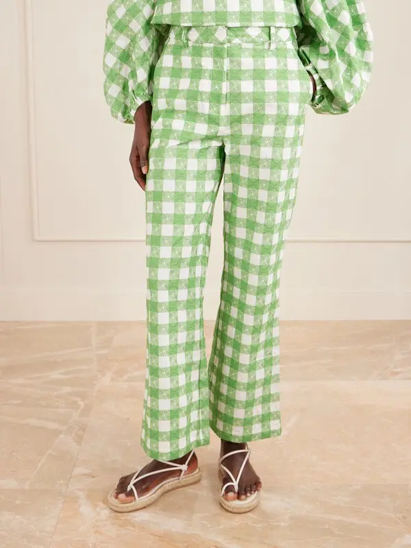Rosie Assoulin Easy Does It Checked Cotton Straight-leg Pants - Green