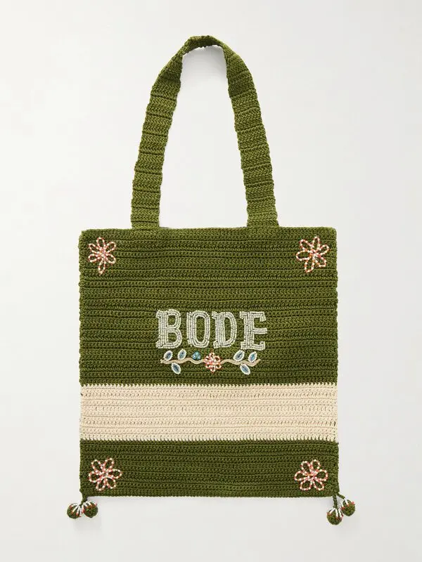 BODE Marsh Embellished Crocheted Cotton Tote - Green
