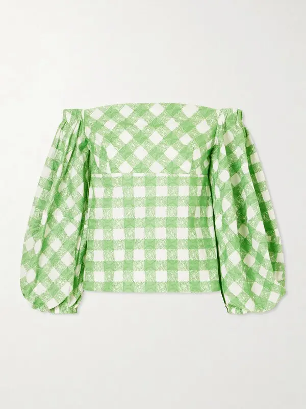 Rosie Assoulin Empire Balloon Off-the-shoulder Checked Cotton Blouse - Green