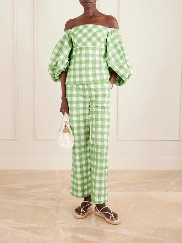 Rosie Assoulin Empire Balloon Off-the-shoulder Checked Cotton Blouse - Green
