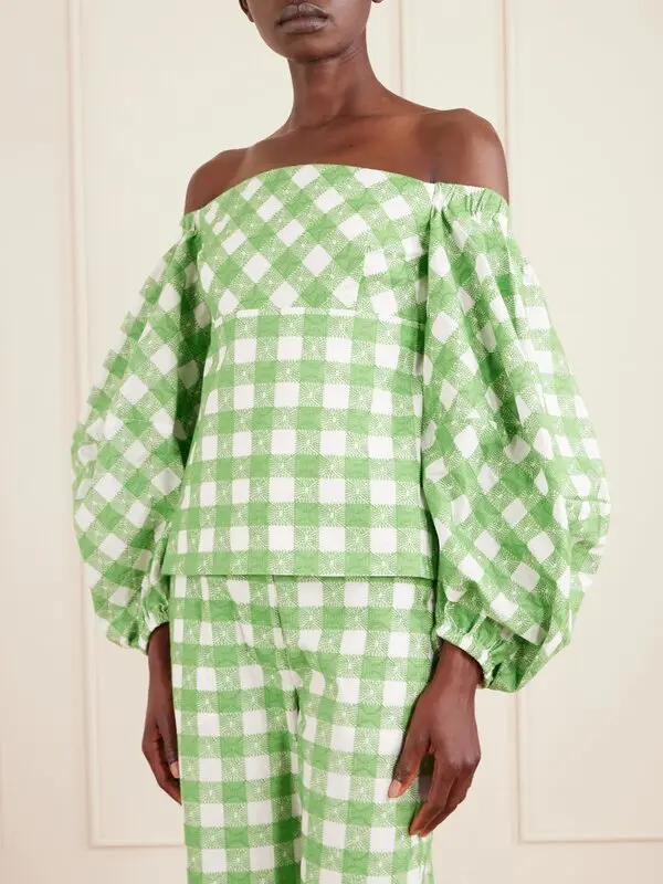 Rosie Assoulin Empire Balloon Off-the-shoulder Checked Cotton Blouse - Green