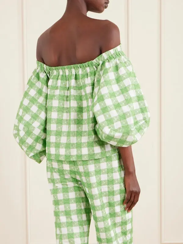 Rosie Assoulin Empire Balloon Off-the-shoulder Checked Cotton Blouse - Green