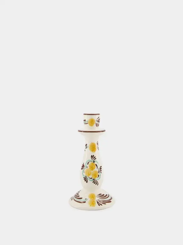 LES-OTTOMANS Yellow And Brown Hand-painted Ceramic Candlestick - Multicolour