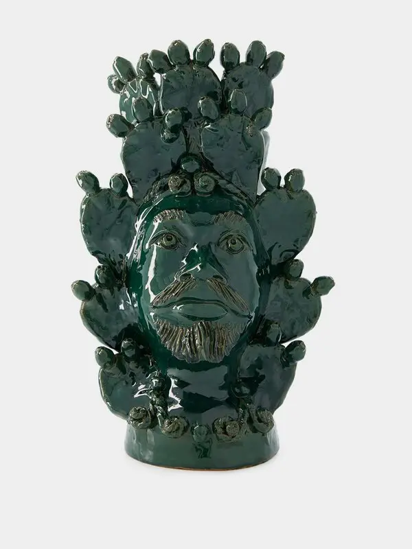 LES-OTTOMANS Dark Ceramic Head Sculpture Vase - Green
