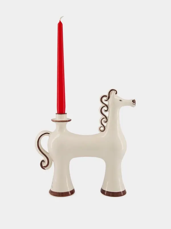LES-OTTOMANS Italian Heritage Ceramic Horse Candle Holder - White