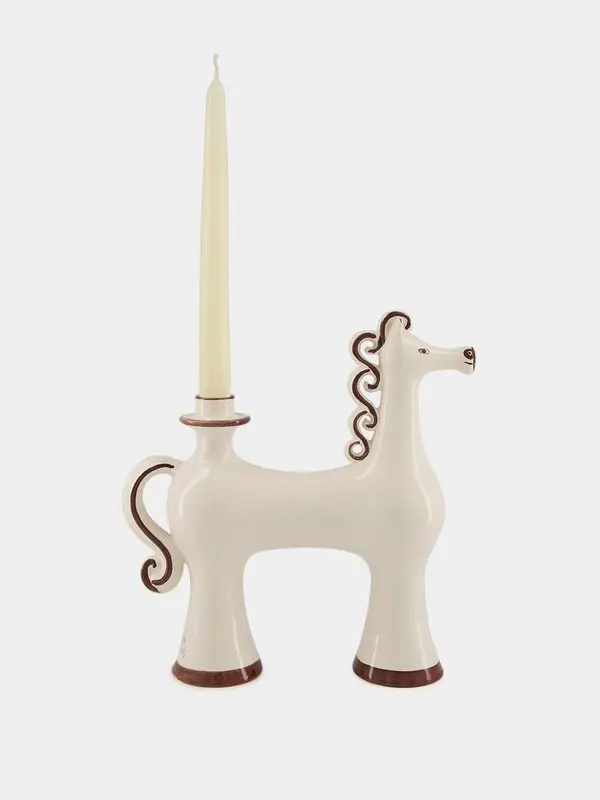 LES-OTTOMANS Italian Heritage Ceramic Horse Candle Holder - White