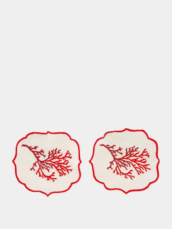 LES-OTTOMANS Hand-embroidered Cotton Cocktail Napkins Set - Red