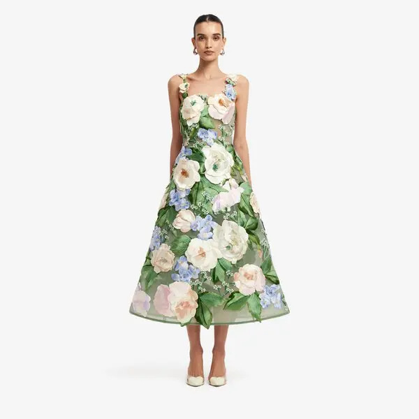 LEO LIN Beatrice Floral Hand-embroidered Midi Dress - Blossom
