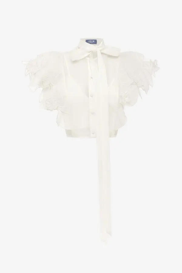 LEO LIN Jasmine Appliqué Flutter Sleeve Top - Snow
