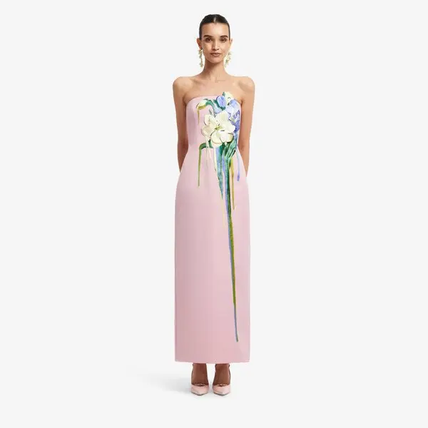 LEO LIN Rayna Embroidered Bustier Maxi Dress - Bouquet Print In Pastel Pink