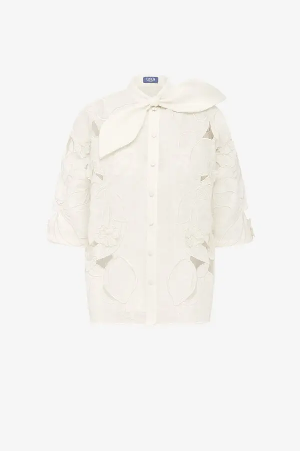LEO LIN Brooklyn Appliqué Bow Puff Sleeve Top - Snow