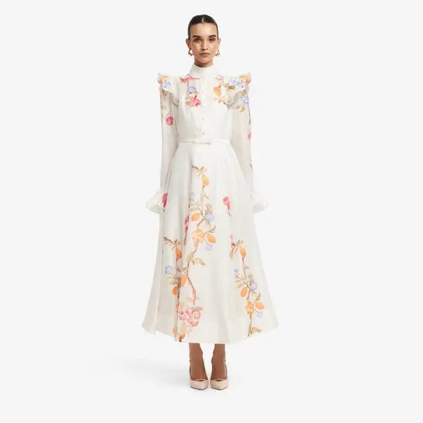 LEO LIN Selina Butterfly Sleeve Midi Dress - Lemon Vine Print In Snow