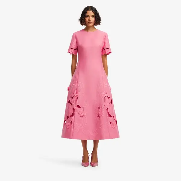 LEO LIN Caroline Appliqué Short Sleeve Midi Dress - Fuchsia