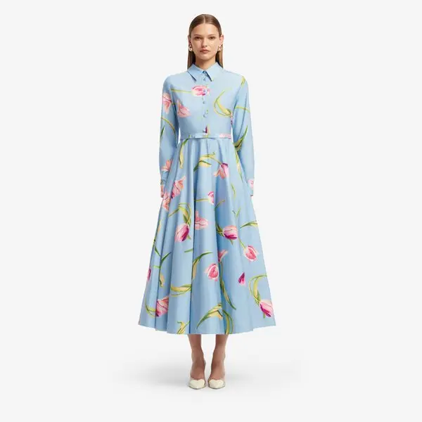 LEO LIN Zara Shirt Midi Dress - Tulip Print In Blue