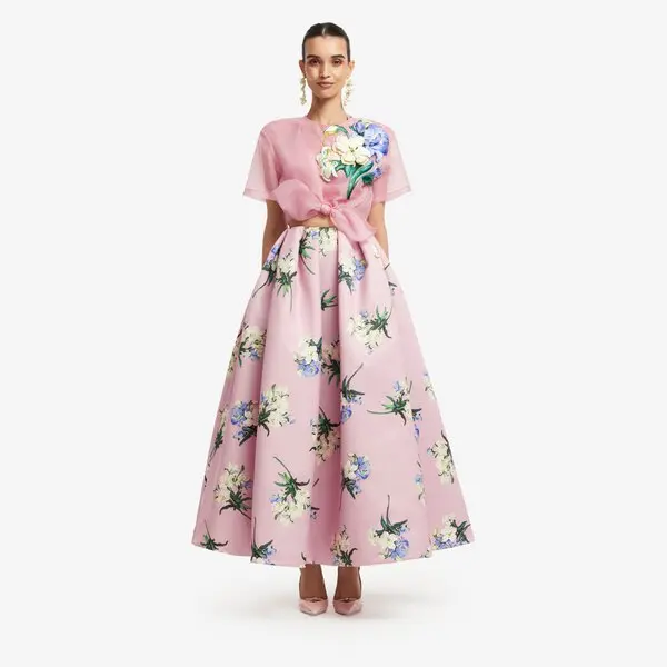 LEO LIN Victoria Puff Maxi Skirt - Bouquet Print In Pastel Pink