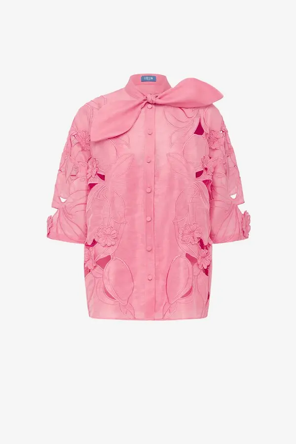 LEO LIN Brooklyn Appliqué Bow Puff Sleeve Top - Fuchsia