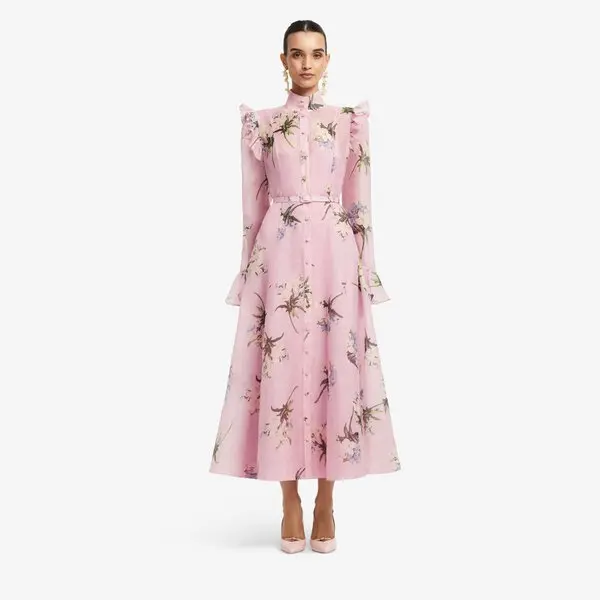 LEO LIN Katrina Butterfly Sleeve Midi Dress - Bouquet Print In Pastel Pink