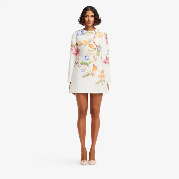 LEO LIN Aliza Long Sleeve Mini Dress - Lemon Vine Print In Snow