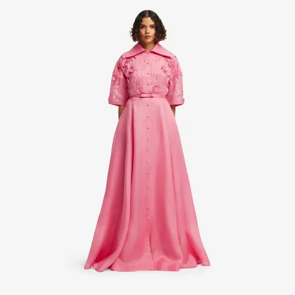 LEO LIN Junia Appliqué Puff Sleeve Gown - Fuchsia