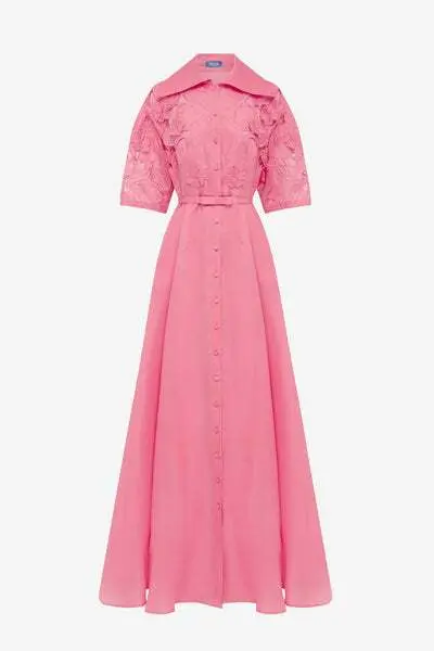 LEO LIN Junia Appliqué Puff Sleeve Silk Gown - Fuchsia