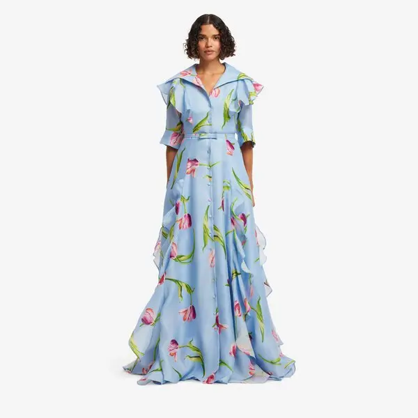 LEO LIN Isabella Silk Gown - Tulip Print In Blue