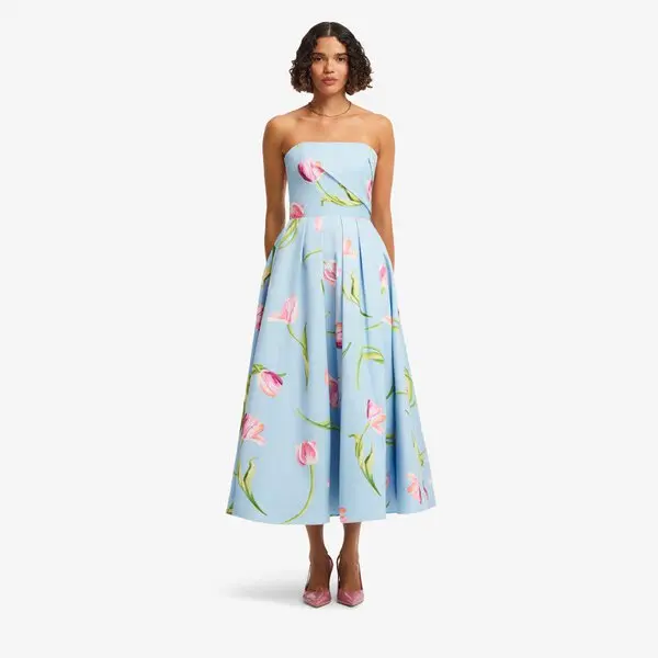 LEO LIN Lynn Bustier Midi Dress - Tulip Print In Blue