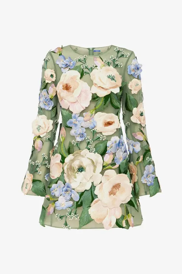 LEO LIN Suzanne Floral Hand-embroidered Bell Sleeve Mini Dress - Blossom