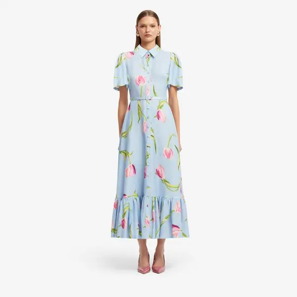 LEO LIN Printed Short Sleeve Midi Dress - Tulip Print In Blue