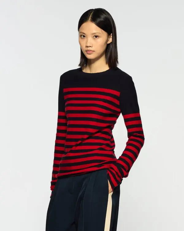 Serena Bute Merino Wool Striped Fitted Jumper - Navy