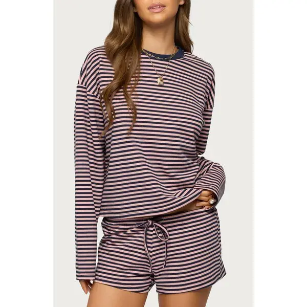 EDIKTED Jainee Stripe Long Sleeve Top - Navy-and-pink