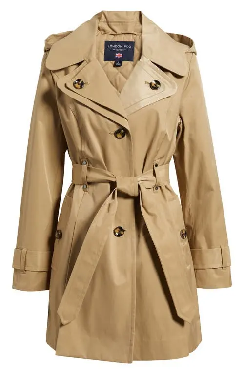 London Fog Double-breasted Hooded Trench Coat - British Khaki