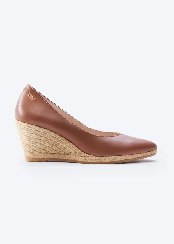 VISCATA Roses Leather Espadrille Wedges - Whiskey Brown