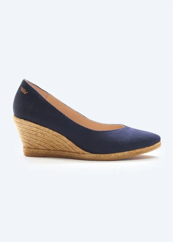 VISCATA Roses V-cut Canvas Espadrille Wedges - Navy Blue