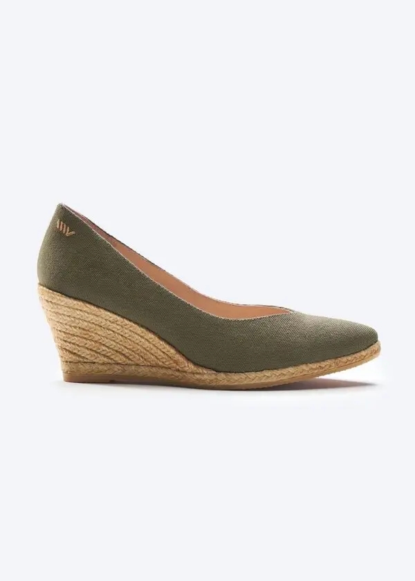 VISCATA Roses V-cut Canvas Espadrille Wedges - Olive