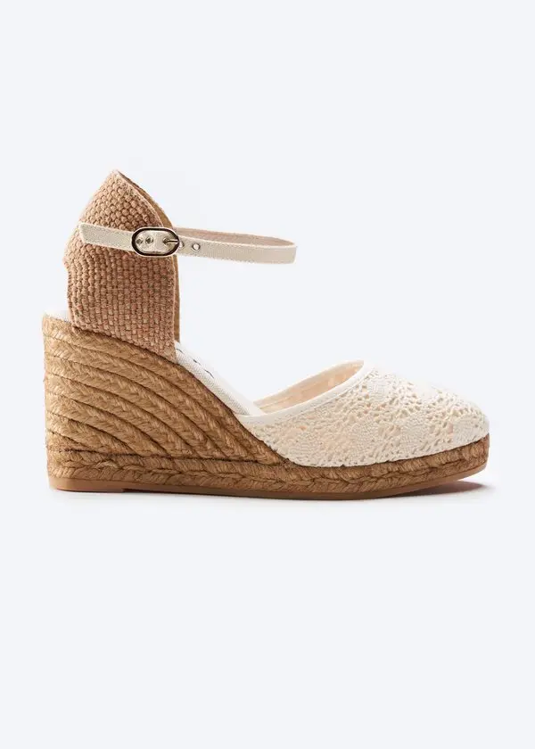 VISCATA Canvas Espadrille Wedges With Ankle Strap - Ivory