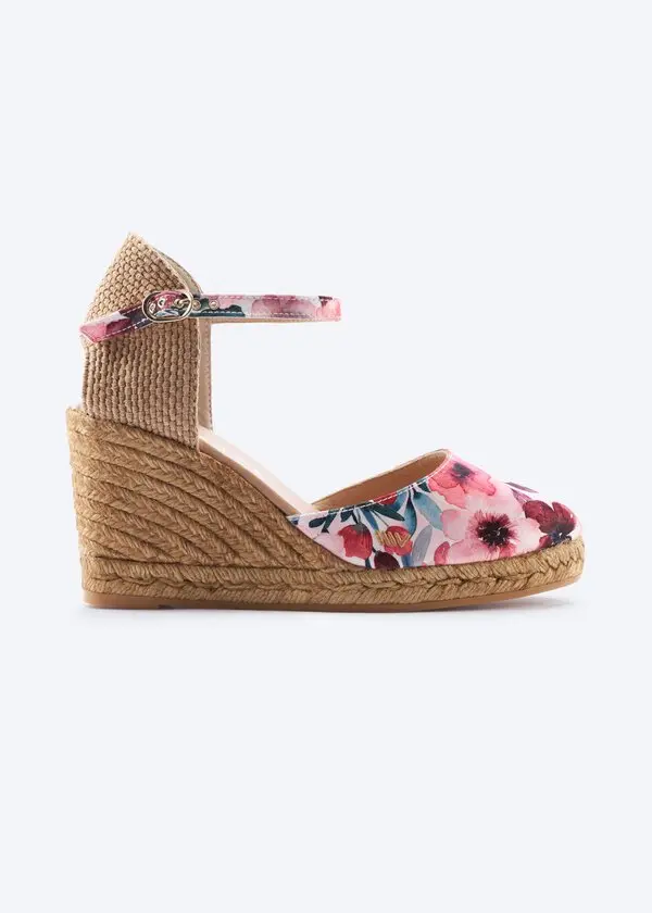 VISCATA Canvas Espadrille Wedges With Ankle Strap - Red Flowers