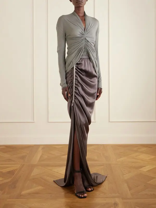 Rick Owens Edfu Gathered Satin Maxi Skirt - Gray
