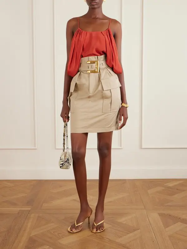Balmain Belted Cotton-gabardine Midi Skirt