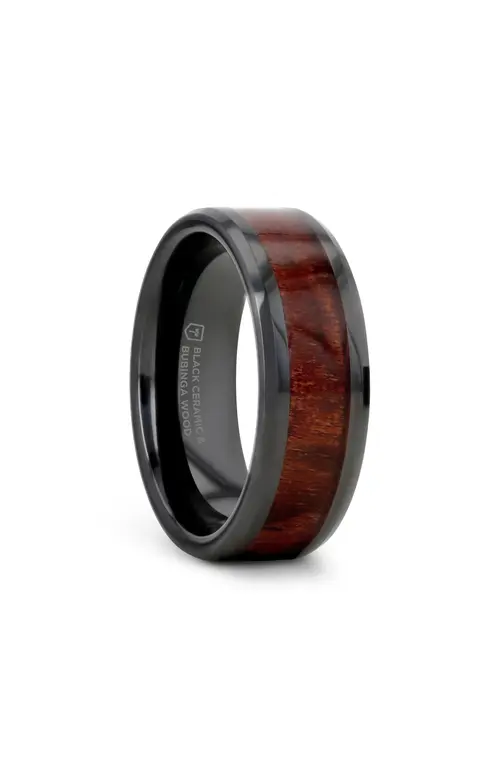 LARSON JEWELERS Ceramic Wedding Band With Bubinga Wood Inlay - Black/bubinga Wood