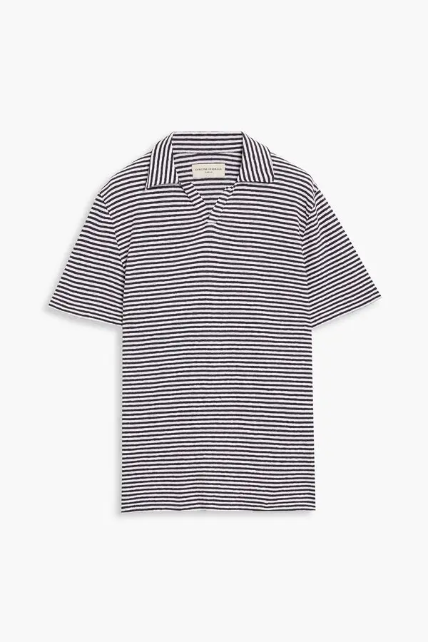 Officine Générale Simon Striped Cotton And Linenblend Polo Shirt - Navy