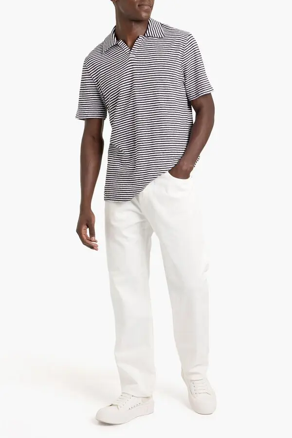 Officine Générale Simon Striped Cotton And Linenblend Polo Shirt - Navy