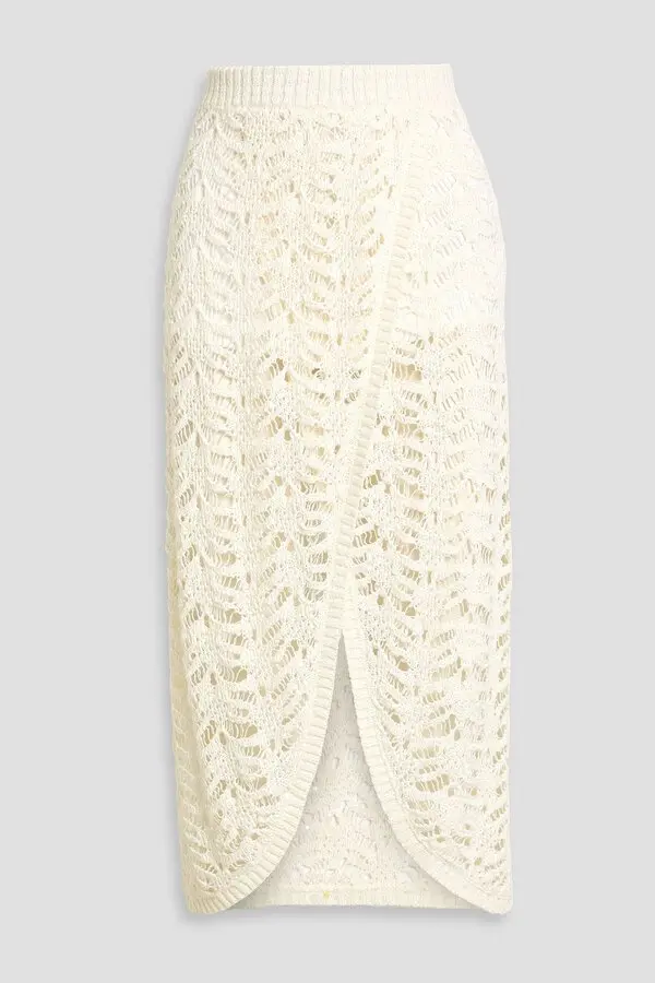 Brunello Cucinelli Wrap-effect Embellished Open-knit Linen-blend Midi Skirt - Ecru