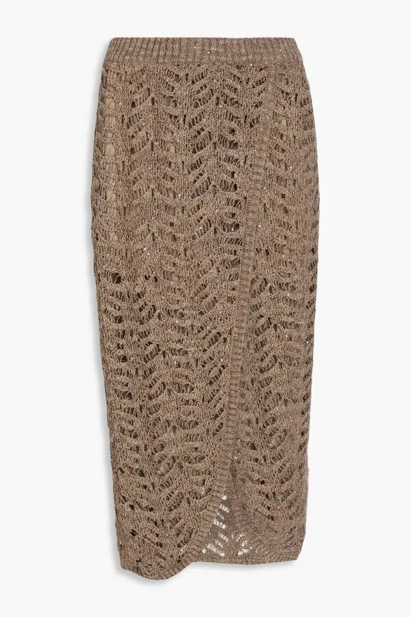 Brunello Cucinelli Wrap-effect Embellished Open-knit Linen-blend Midi Skirt - Taupe
