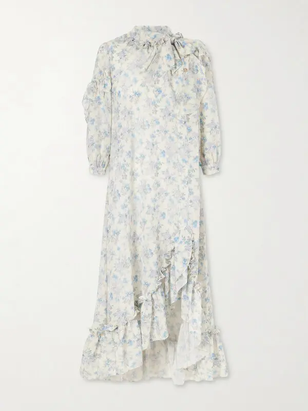 Maison Mayle Batacalla Scarf-detailed Ruffled Floral-print Silk-crepe De Chine Midi Dress - White